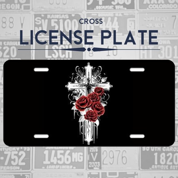 Accents | Jesus Cross License Plate Cover Christian Thorns Red Rose ...